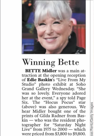 Bette Midler Buys At Edie Baskin Photo Exhibit - Bootleg Betty
